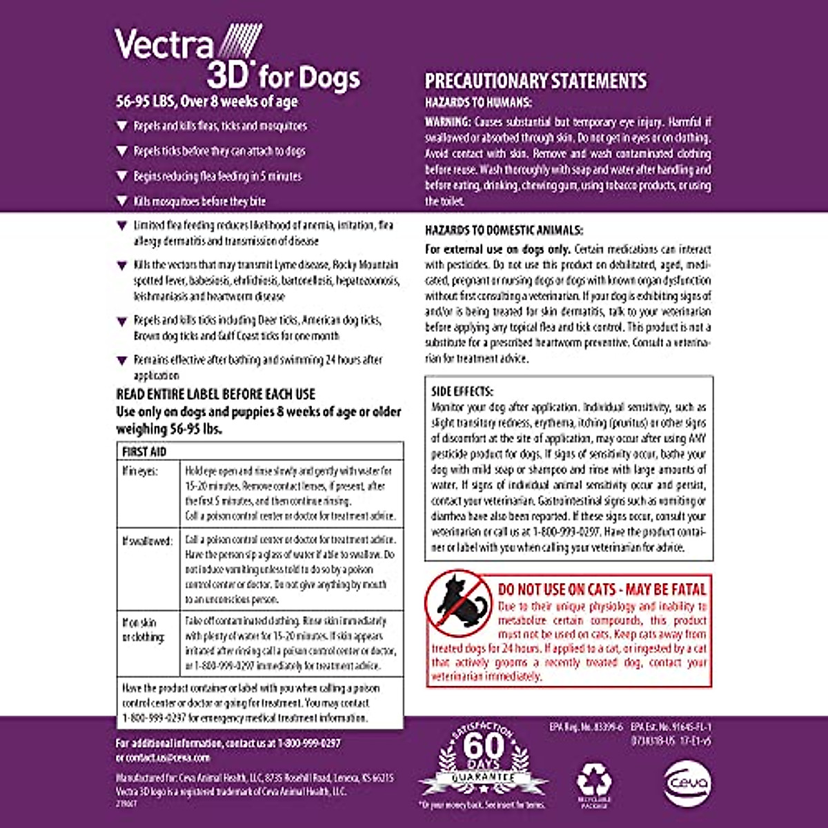 Vectra 3D for Dogs Flea, Tick & Mosquito Treatment & Prevention for Large Dogs (56 to 95 lbs) , 3 month supply