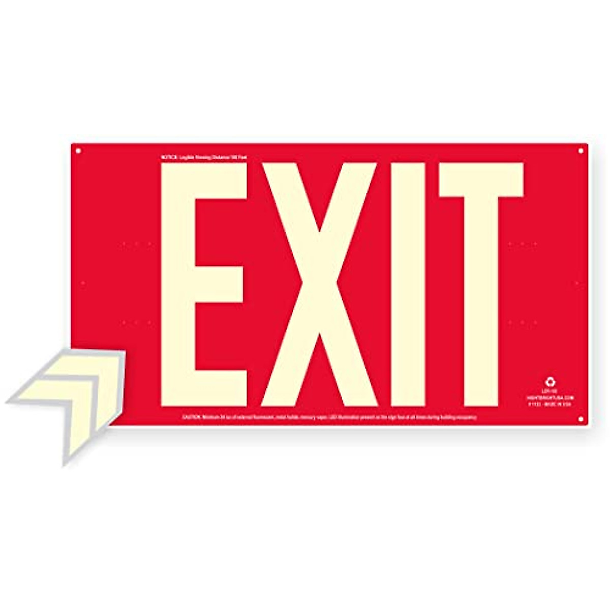 OSHA 100 ft Photoluminescent Exit Sign | UV Inks on Aluminum | HEAT Resistant | COLD Tolerant | WEATHER Proof. (Directional Arrows Included) | NightBright USA Part Number LDR-100