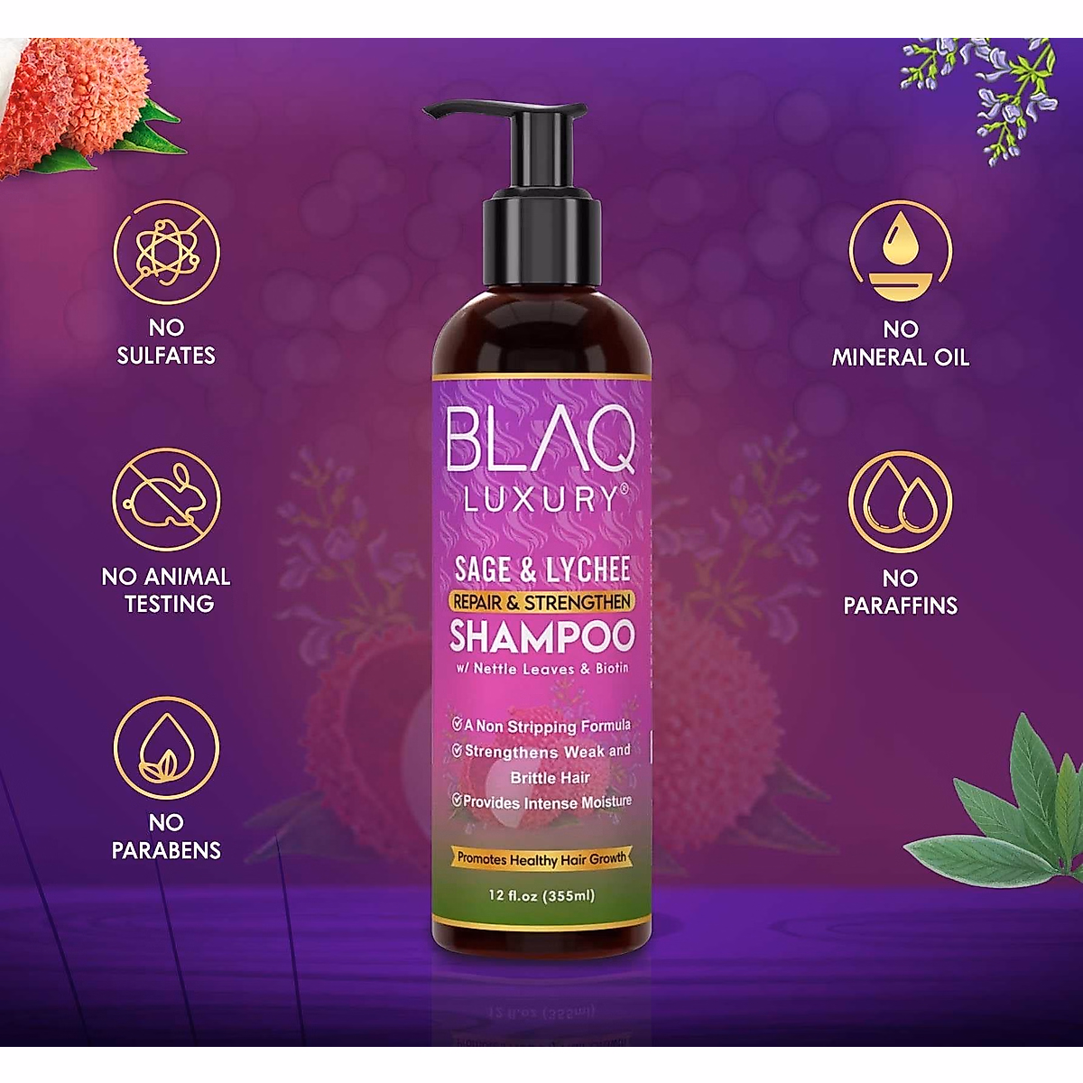 Blaq Luxury Sage & Lychee Repair and Strengthen Shampoo - Infused with Biotin and Nettle - Sulfate-Free Formula for All Hair Types - Promotes Hair Repair, Growth, and Scalp Health - 12 fl oz