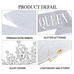 "BIRTHDAY QUEEN" Sash and Tiara for Women Crystal Tiara and Satin Kit for Girl Rhinestones Crown with Comb Glitter Hair Accessories for Prom Party Decoration Cake Topper Accessory Set with Pin (Silver Tiara and Silver Sash Set)