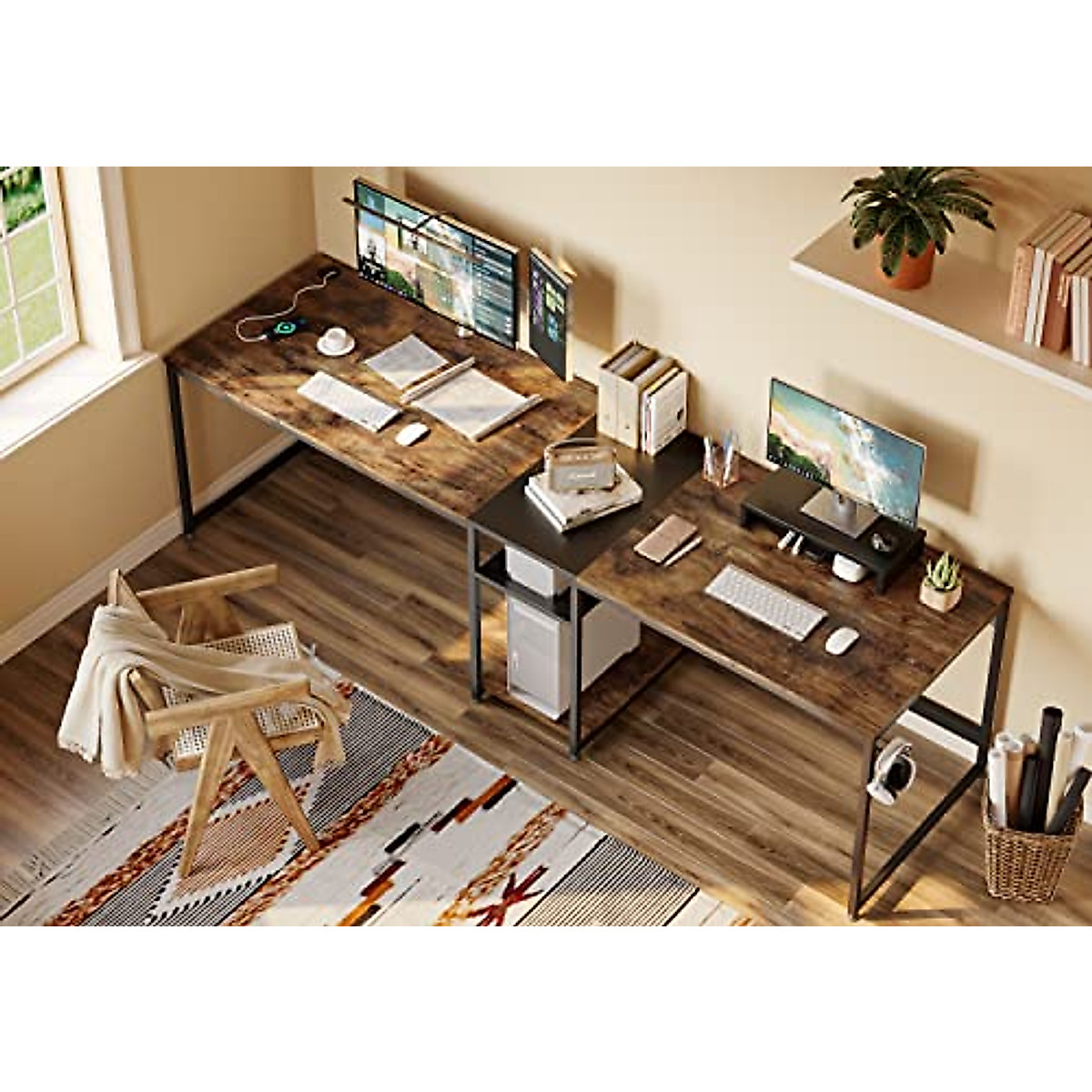 Bestier Industrial L Shaped Desk with Shelves 94.5 Inch Reversible Corner Computer Desk or 2 Person Long Table Office Writing Study Workstation with Monitor Stand and Headphone Hook, Rustic Brown