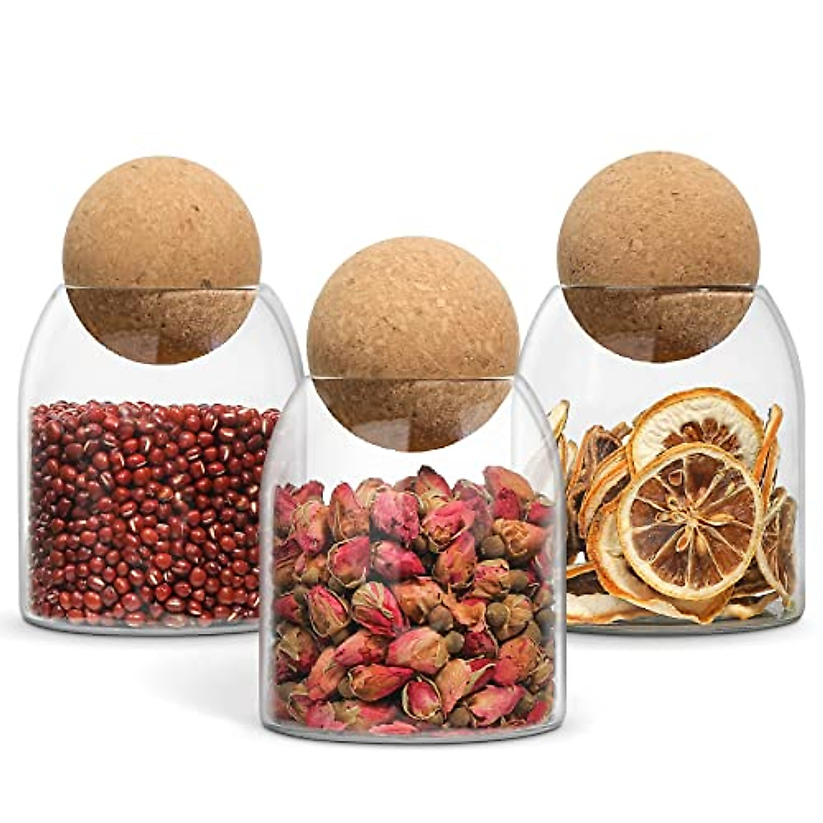 ComSaf 480ml/16Oz Glass Storage Container with Ball Cork, 3Pcs Glass Jar with Cork Lid, Round Cork Glass Bottle, Small Candy Jar with Wood Ball Lid for Food, Coffee, Sugar, Spice, Tea, DIY Decoration