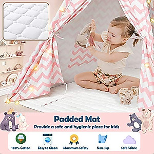 Tiny Land Kids Teepee with Mat and Star Lights, Teepee Tent for Girls Aged 3+, Cotton Girls Play Tent, Foldable Toddler Tent Indoor, Best Gift for Girls (Pink)