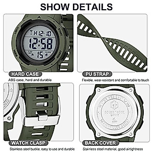 GOLDEN HOUR Mens Waterproof Digital Sport Watches Wide Screen Easy Read Display Military Style with Green Rubber Strap