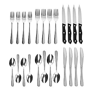 Silverware Set, QOUTIQUE 24 Piece Stainless Steel Flatware, Service for 4 Cutlery Set Utensils, for Home Kitchen Restaurant, Include Knives Spoons Forks Steak Knives, Mirror Polished, Dishwasher Safe