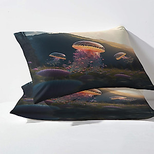 Jellyfish Sheets Full Size, Sea Life Bed Sheets, Patterned Bedding Sheets & Pillowcases 4 Piece Set - Soft Microfiber Deep Pocket Fitted Sheet & Flat Sheet & 2 Pillow Cases Z1-&-220