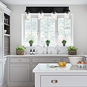 MELUCEE 4-Light Vanity Lights Over Mirror, Farmhouse Bathroom Light Fixtures Black with Clear Glass Shade, Industrial Wall Mount Lamp for Bedroom Kitchen Hallway