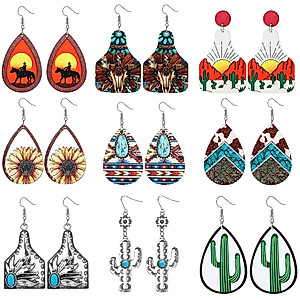 FIBO STEEL 9 Pairs Western Earrings for Women Cowboy Cowgirl Dangle Earrings Vintage Boho Turquoise Cow Print Wood Leather Teardrop Earrings Set