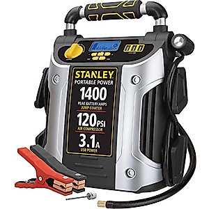 STANLEY J7C09D Digital Portable Power Station Jump Starter: 1400/700 Instant Amps, 120 PSI Air Compressor, 3.1A USB Ports, Battery Clamps
