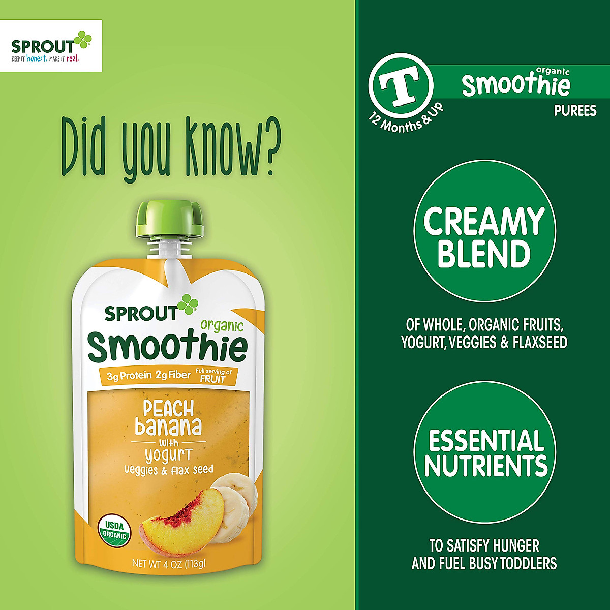 Sprout Organic Toddler Smoothie, Peach Banana w/ Yogurt, 4 Ounce Pouch (Pack of 6)