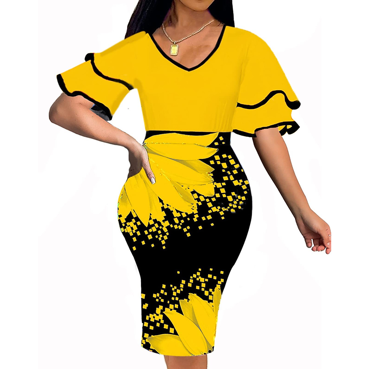 Elegant Church Dresses for Women Sexy Pencil Dresses Crew Neck Short Ruffles Sleeve Dress Bodycon Business Suiting Floral Stretchy Yellow