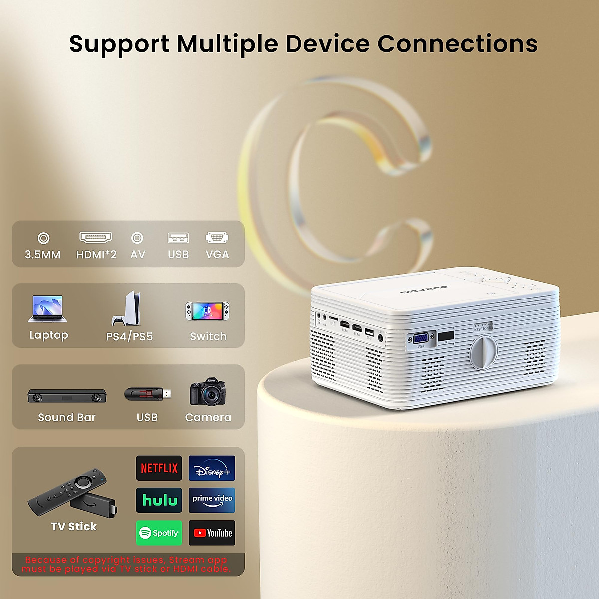 BIGASUO Upgrade HD Bluetooth Projector Built in DVD Player, Mini Video Projector 1080P Supported Compatible with TV/HDMI/VGA/AV/USB/TF SD Card, Portable Outdoor Movie Projector