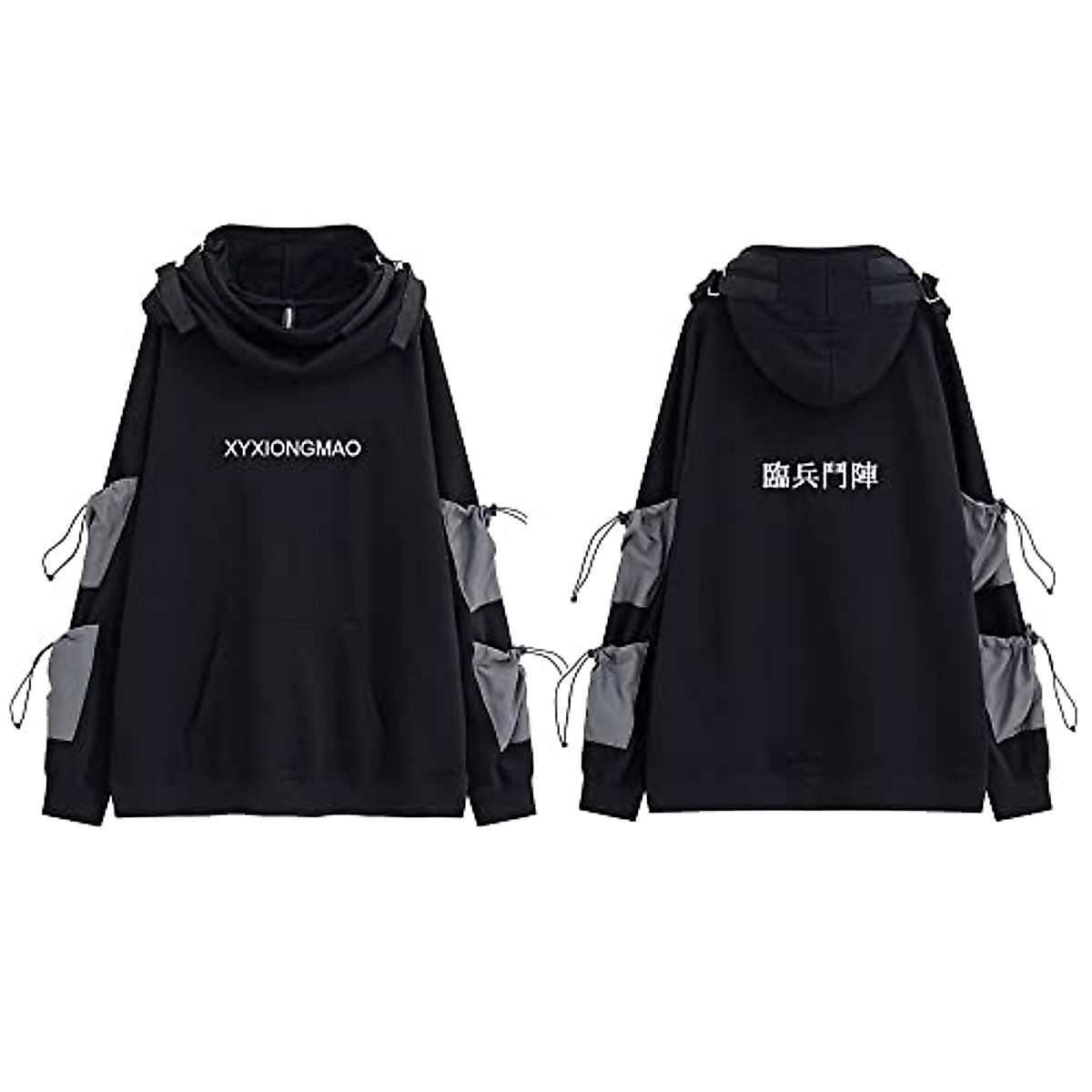 XYXIONGMAO Streetwear Techwear Hoodie Cyberpunk Tactical Mens Black Urban Hip Hop Japanese Sweatshirt(Black,L)