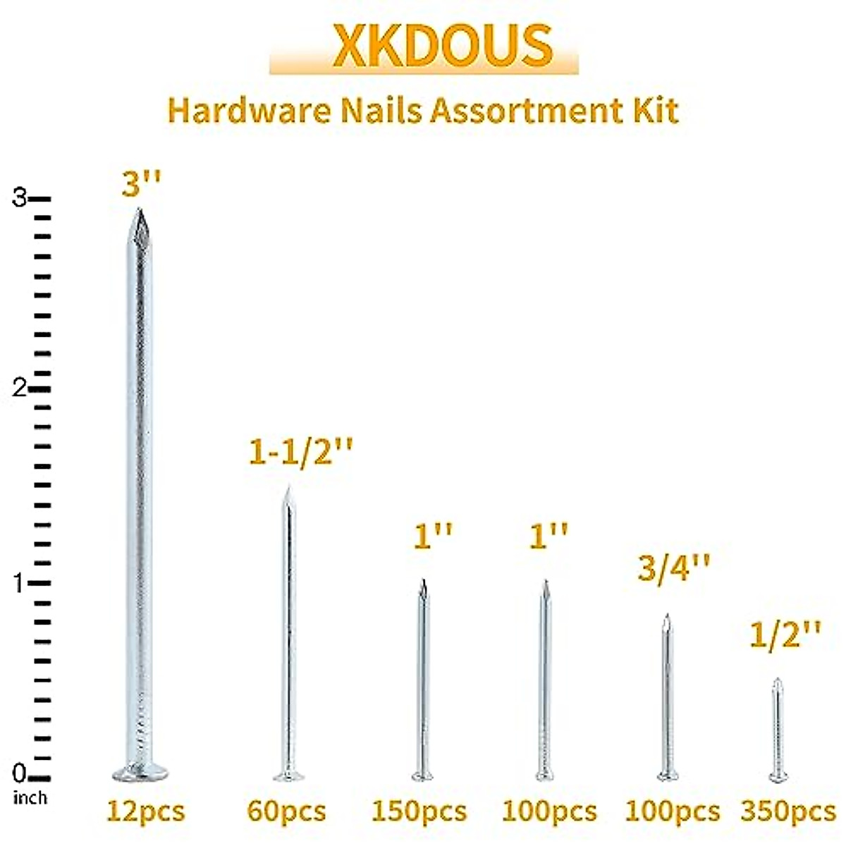 XKDOUS 722pcs 6 Sizes Hardware Nails Assortment Kit, Up to 3"-Long Galvanized Nails, Small Nails,Wood Nails, Wall Nails for Hanging Pictures