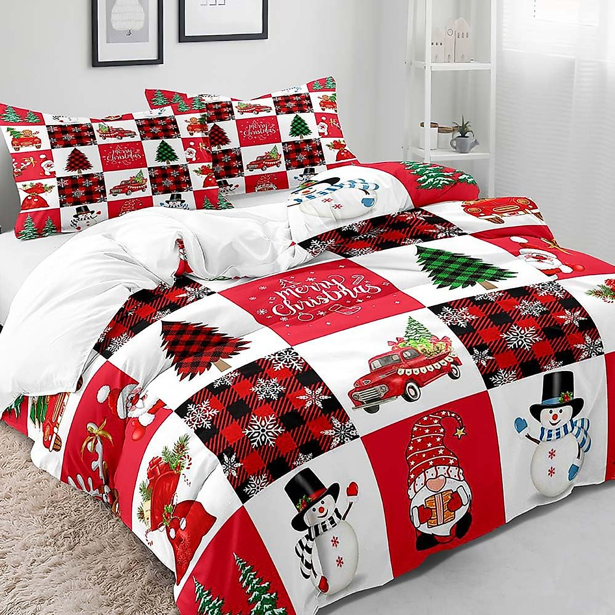 LUVIVIHOME 3PCS Christmas Duvet Cover King Bedding Set, Santa Claus Snowman Gnome Snowflake Christmas Tree Holiday New Year Xmas Checkered White Red Buffalo Plaid Comforter Quilt Cover, 2 Pillow Cases