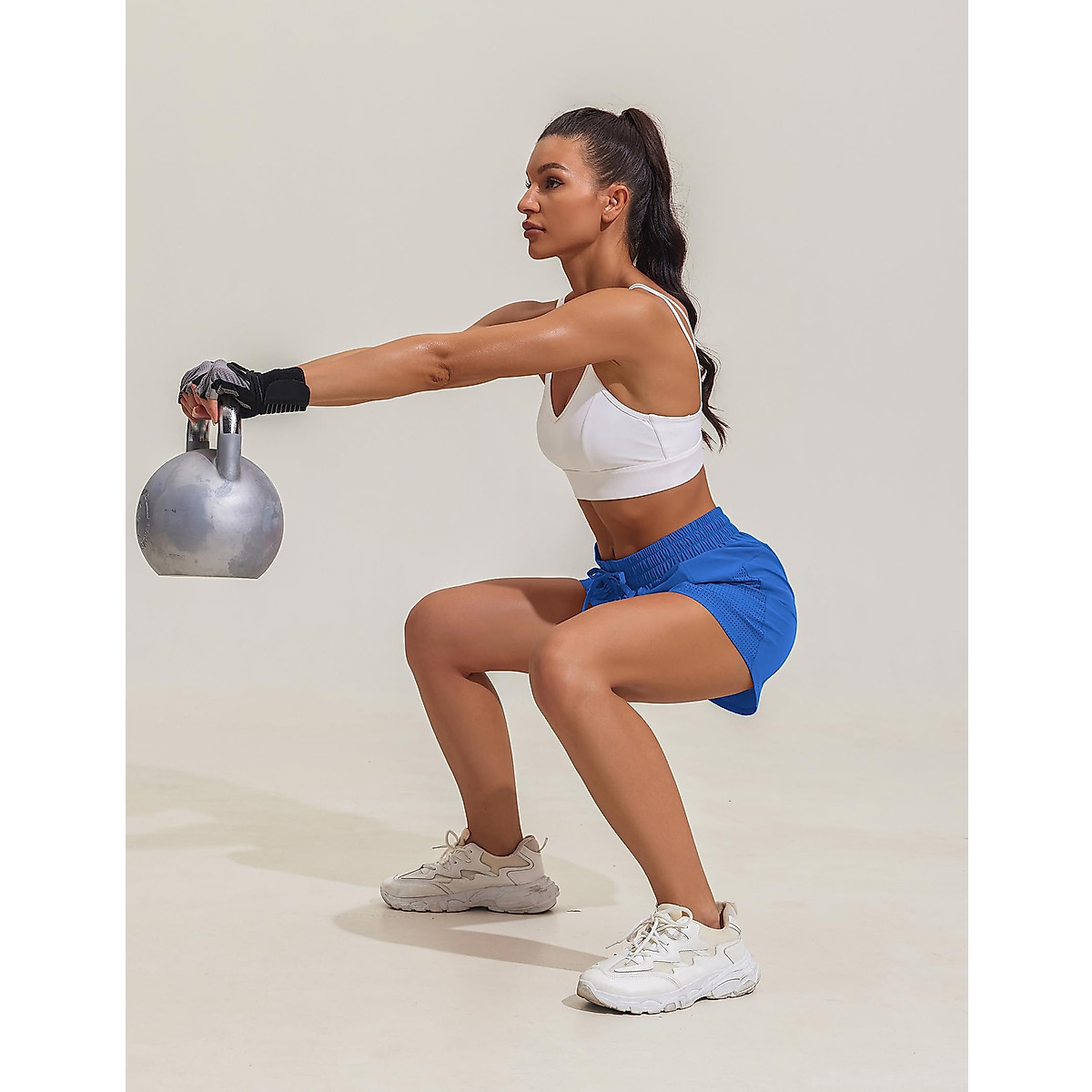 PINSPARK Womens High Waisted Running Shorts Soft Liner 4'' Dolphin Quick Dry Athletic Gym Track Workout Shorts with Pockets Royal Blue L