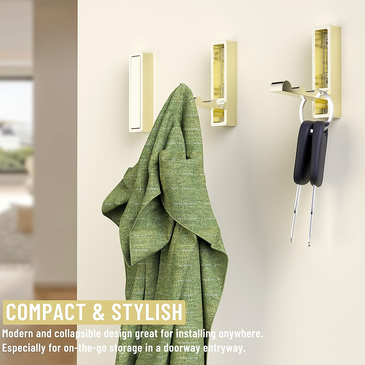 ANJUU Wall Hooks for Hanging Coat, Heavy Duty Metal Hooks with Folding Storage Foldable Wall Hooks for Entryway Bathroom Kitchen Bags Towels Closet, 4Pcs Gold