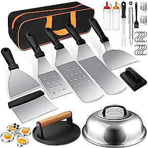 Griddle Accessories Kit, Terlulu 29 PCS Flat Top Grill Accessories for Blackstone and Camp Chef, Metal Spatula Set with Burger Press, Melting Dome, Scraper, Tongs, Carry Bag for Outdoor Grilling BBQ