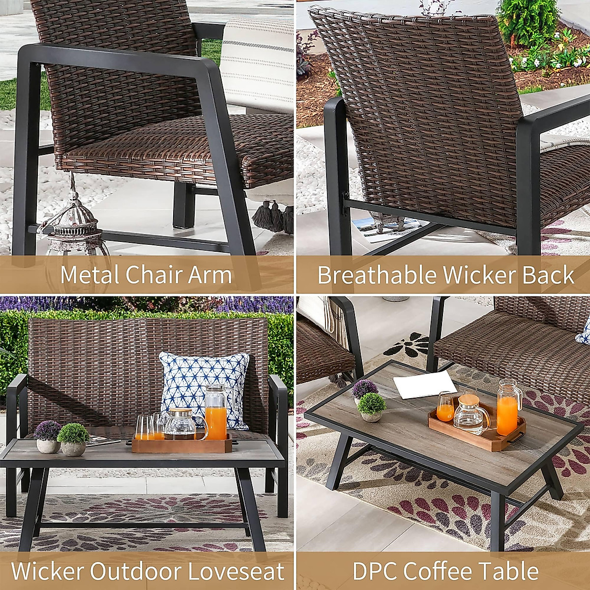 PatioFestival Patio Conversation Set 4Pcs Wicker Outdoor Furniture Sets with Quick-Drying Internal Cushion All Weather Frame