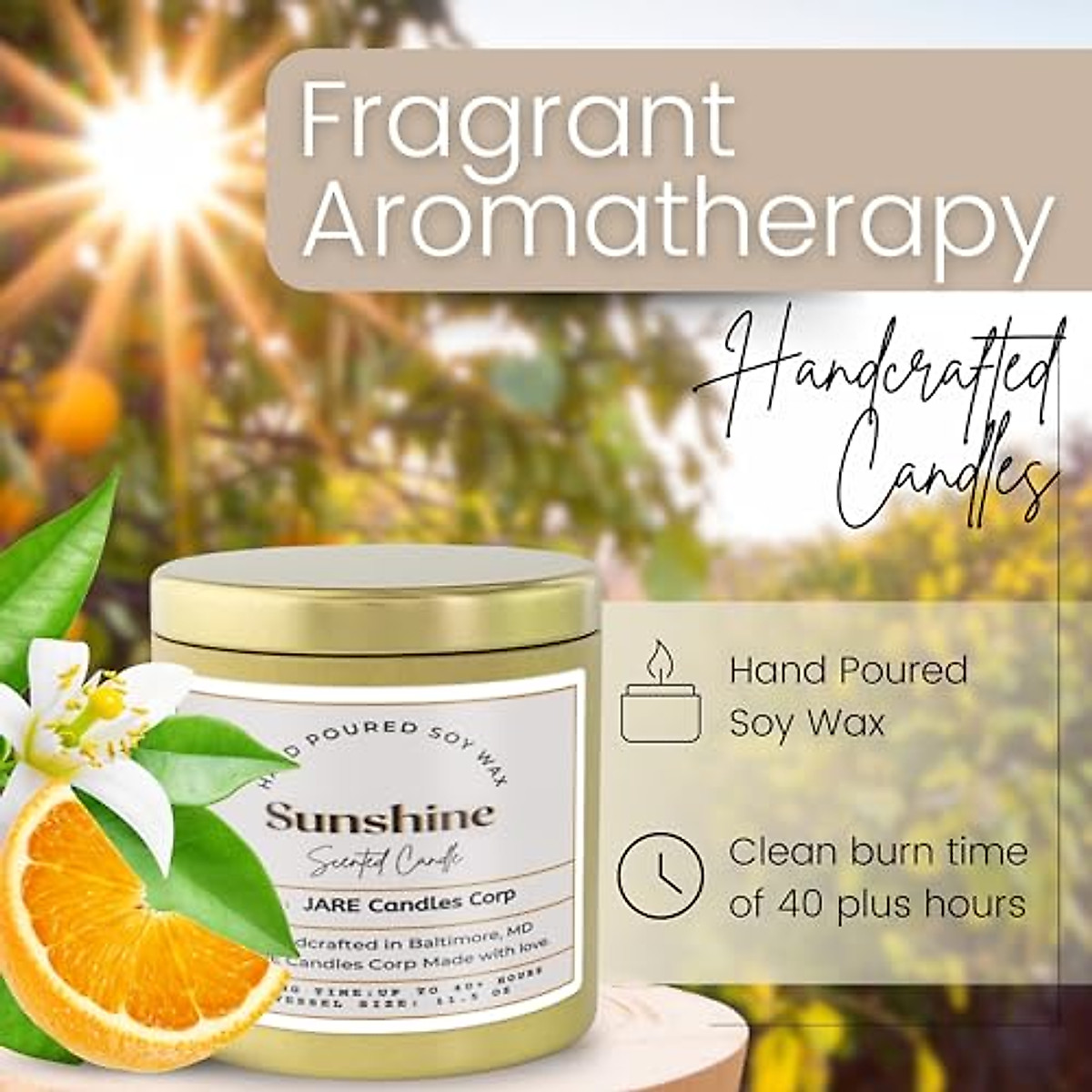 JARE CANDLES, Essential Oil Highly Scented Soy Natural Candles, Scented Candles Aromatherapy, Long +20 Hrs to +40 Hrs Burn Time, Hand Poured & Labeled in USA (11.5 oz, Sunshine)