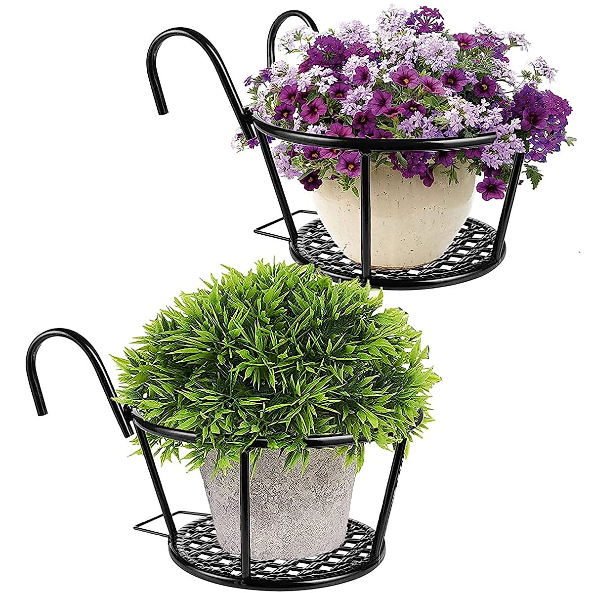 Hanging Flower Pot Holder, Iron Art Hanging Railing Planters Hanging Baskets Flower Pot Holder Over The Rail Metal Fence Planters Assemble Plant Racks for Patio Balcony Porch Fence (2 Pack)