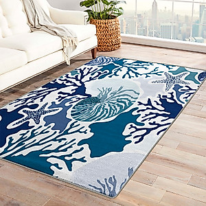 ZDABAOEC Coastal Rug, 2x3 Rug, Ocean Nautical Area Rugs for Bedroom Living Room, Beach Theme Coral Starfish Patterned Small Rug, Washable & Non Slip Indoor Floor Carpet Home Decor