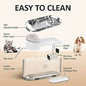 BaoLin Cat Water Fountain with Wireless Pump 3L/100oz, Ultra Quiet Pet Fountain with Stainless Steel Water Bowl, BPA-Free, Water Filter Included, Large Cat Drinking Fountain