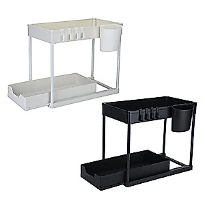 Qucover 2 Tier Under Sink Organizer, 2 Pack Bathroom Cabinet Organizers and Storage Sliding, Waterproof Kitchen Sink Organizer Under Cabinet Storage with Hooks, Hanging Cup, Black & White