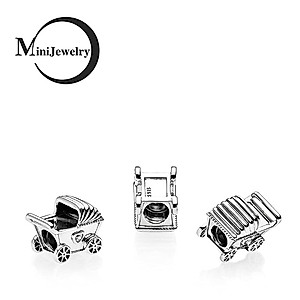 MiniJewelry Women Baby Pram Car Charm for Bracelets Necklaces Pendants Newborn Mom Mother Mum Present Sterling Silver Bead Family Birthday Christmas