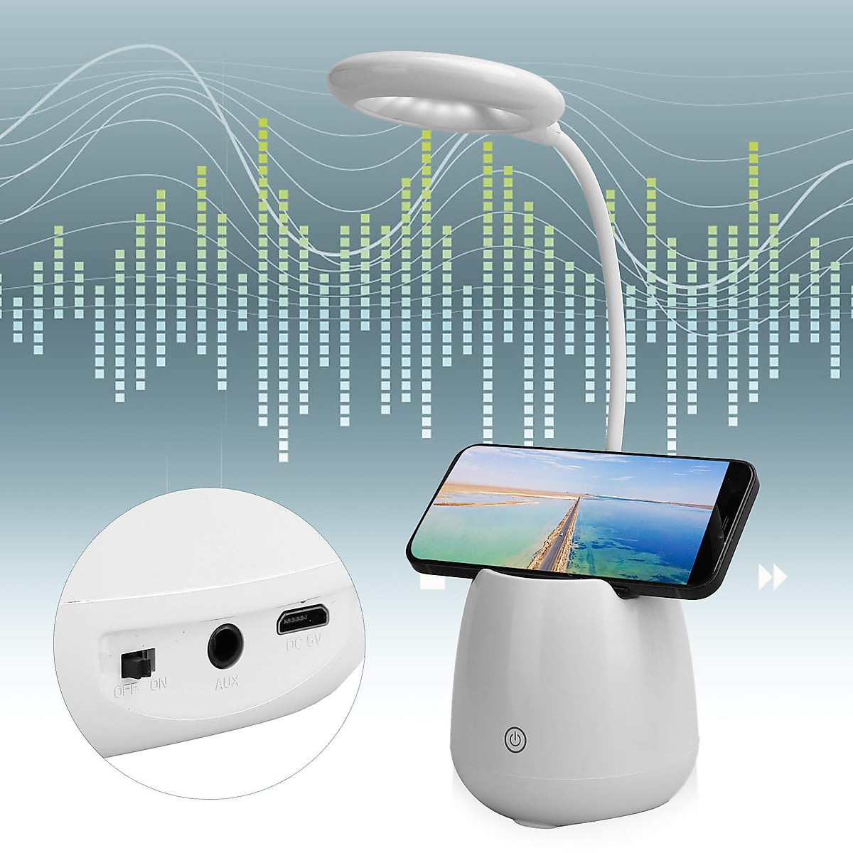 Sutinna Multifunctional LED Table Lamps, Bluetooth Speaker Touch Control Desk Light Phone Stand, Dimmable Office Desk Lamp with USB Charging Port(White)