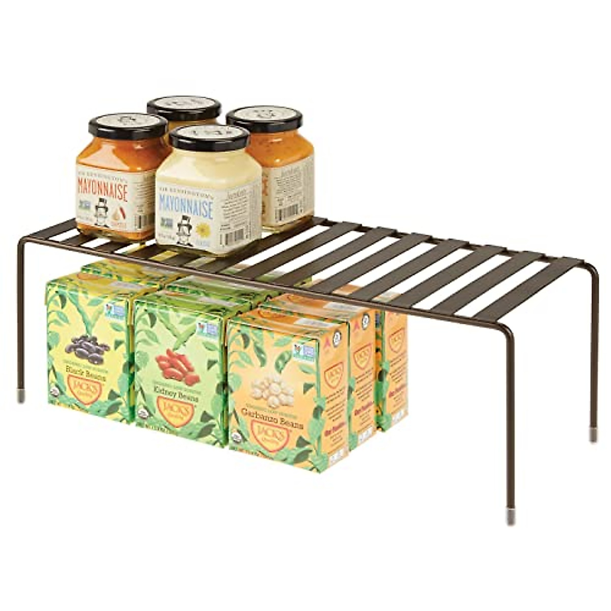 mDesign Modern Metal Storage Shelf Rack - 2 Tier Raised Food and Kitchen Organizer for Cabinets, Pantry Shelves, Countertops Dishes, Plates, Bowls, Mugs, Glasses - 2 Pack - Bronze