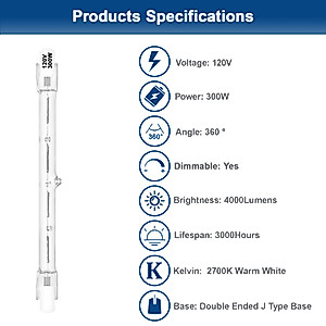 R7S Halogen Bulbs 300W Dimmable 120V 118mm T3 J Type Floodlight Bulb with Long Lifespan, 2700K Warm White Linear Double Ended Light Bulbs for Work, Security, Landscape Lights, Floor Lamps, 5 Pack