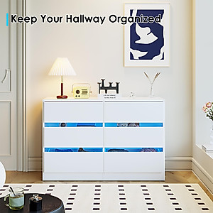 Gdvsclr 6 Drawer Double Dresser, Bedroom Dresser with Led Light, Wood Dresser for Nursery, Living Room, Hallway, Handless Design, 47.2''W×15.7''D×30.2''H (White)