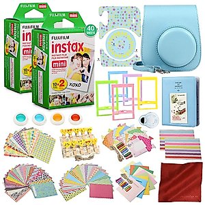 FUJIFILM Instax Mini 11 (Sky Blue) 168 Piece Accessory Bundle w/FUJIFILM INSTAX Mini Instant Film (40 Exposures) Camera Case w/Strap, Selfie Lens, Album, Stickers, Frames & More