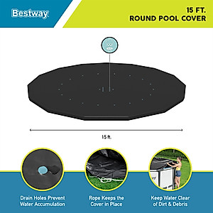 Bestway Flowclear PVC Round 15 Foot Pool Cover for Above Ground Frame Pools with Drain Holes and Secure Tie-Down Ropes, Black (Cover Only)