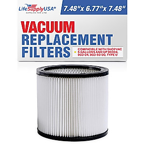 LifeSupplyUSA Wet/Dry Vacuum Filter Replacement Compatible with ShopVac 5 Gallons and Up 90304, 903-04, 903-50-00, Type U