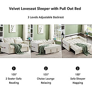 Aoowow 58 Inch Convertible Sleeper Sofa, Velvet Loveseat Sleeper Pull Out Sofa Bed Convertible Loveseat with Adjustable Backrest, 2 Pillows and Side Pockets for Living Room Small Spaces (Beige)
