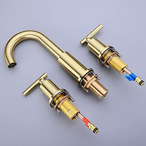 TRUSTMI 2 Handle 8 Inch Brass Bathroom Sink Faucet 3 Hole Widespread with Valve and cUPC Water Supply Hoses, with Overflow Pop Up Drain Assembly, Brushed Gold