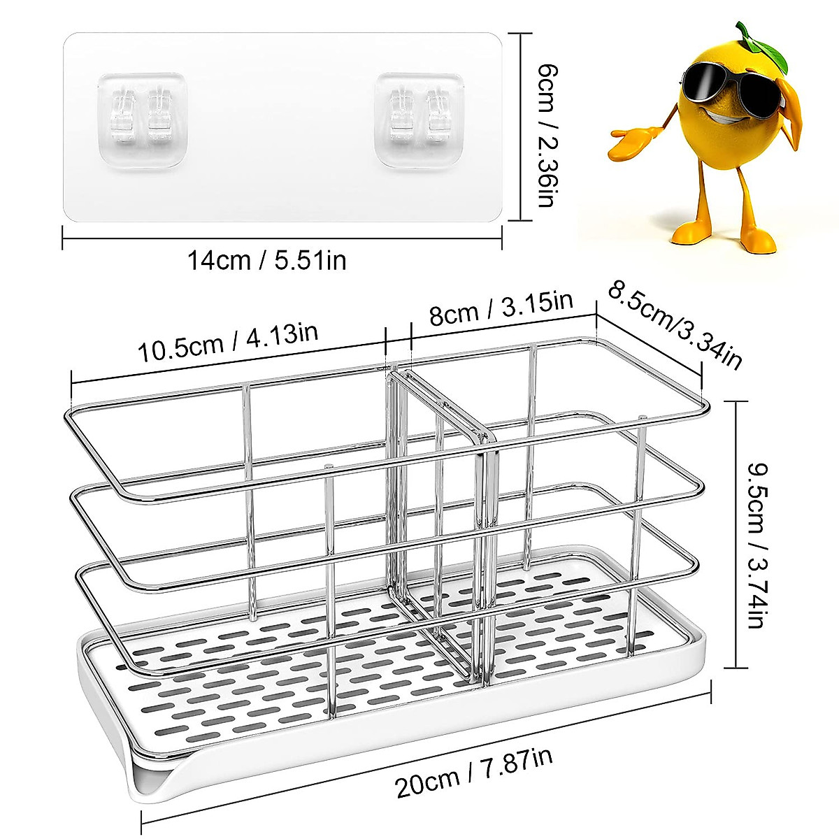 HJLIKE Sponge Holder for Sink,Stainless Steel Kitchen Sink Organizer Soap Dispenser Caddy Dish ,Sink Tray Drainer Rack Countertop Or Wall-Stick with Keep Dry, White