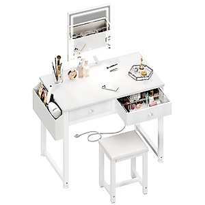 Lufeiya Small Makeup Vanity Desk with Fabric Drawers, 32 inch White Vanity Desks with Mirror and Light, Dressing Table and Chair Set with Power Outlet for Girls Bedroom, White