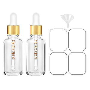 Bumobum Dropper Bottle Clear 1 oz, 30 ml Glass Dropper Bottles with Measurement and Golden Top Cap for Essential Oils, 2 pack Tincture Bottle with Labels and Funnel