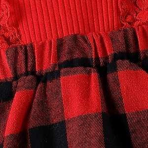 Mialoley Baby Girl Long Sleeve 2 Piece Outfit Knit Lace Patchwork Sweet Romper Dress Bowknot Plaid Bodysuit with Headband (Red, 9-12 Months)