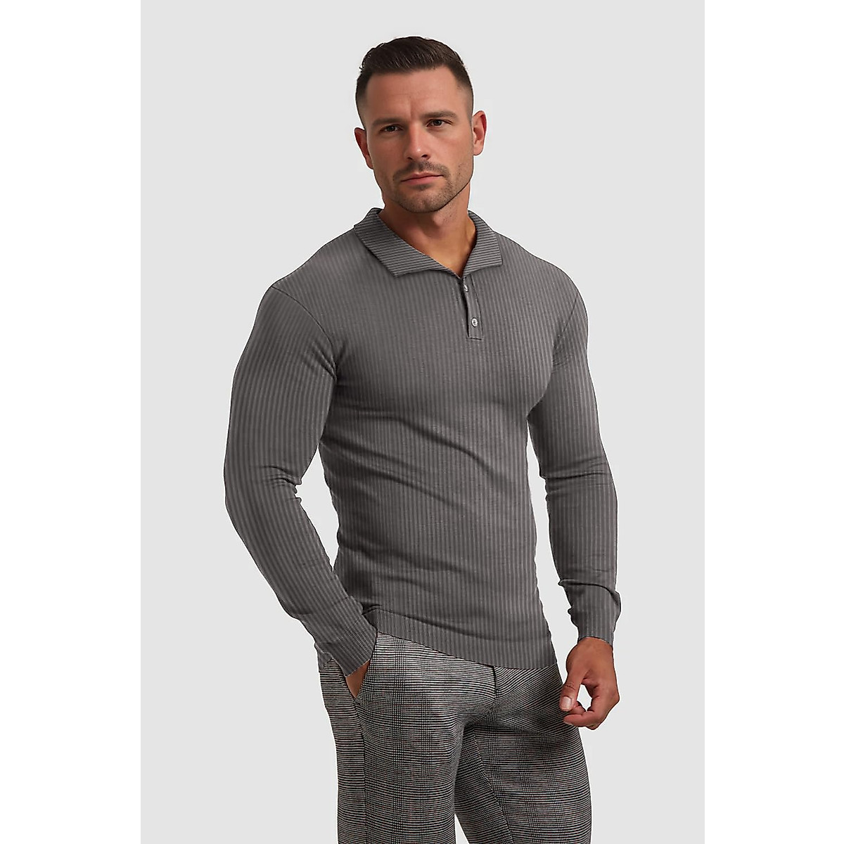 Muscle Cmdr Men's Slim Fit Muscle Polo Shirts Long&Short Sleeve Stretch Quick Dry Tee Casual Golf Athletic T-Shirts (Grey S)