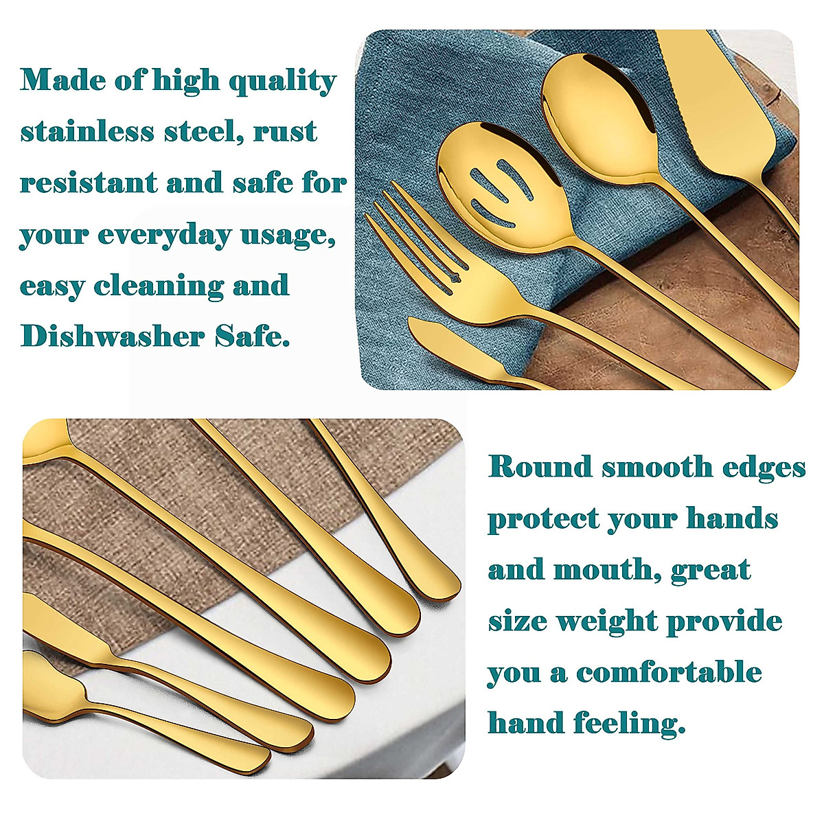Homikit 6 Pieces Gold Serving Utensils, Modern Stainless Steel Serving Hostess Set with Serving Spoons, Serving Fork, Pie Server, Butter Knife, Ice Cream Spoon, Mirror Polished, Dishwasher Safe