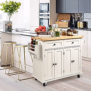 NSdirect Kitchen Island Cart,Kitchen Bar&Serving Cart Rolling on Wheels with Spice Rack Towel Holder Utility Storage Trolley with Storage Drawers for Home Hotel Kitchen Dinning Room(White)