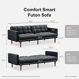 mopio Aaron 76.8" Couch, Small Futon Sofa Bed, Sleeper, Loveseat, Mid Century Modern Futon Couch, Sofa Cama, Couches for Living Room, Bedroom (Midnight Black, Faux Leather)