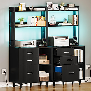 YITAHOME 3 Tier Bookcase, Bookshelf with Lighting, File Cabinet with Charging Station, 3 Drawer Wood Filing Cabinet, Printer Stand with Open Storage Shelves for Home Office, Black