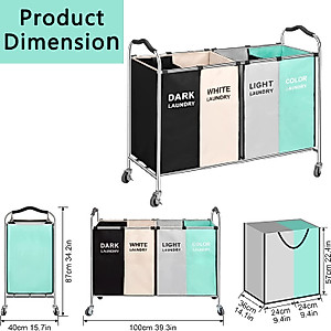 Laundry Basket Sorter Cart,Laundry Hamper Sorter Baskets with Large Removable Bags and Lockable Rolling Wheels,for Laundry Room Organization and Storage,40 X 16 X 30 inches (4 Section-Green)