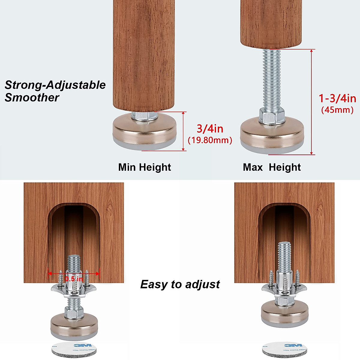 Heavy Duty Furniture Levelers 3/8''-16 Thread w/ T-Nut Kit Furniture Leveling Feet Adjustable Furniture Levelers for Tables,Cabinets,Chairs,Workbench,Sofa and More,Large Base Supports 1320LBs-Set of 4