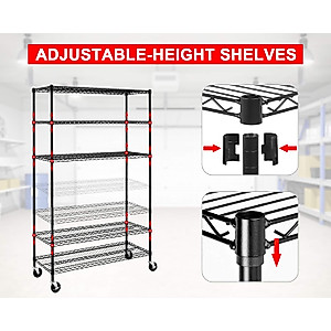 FDW 48" L×18" W×76" H Wire Shelving Unit Metal Shelf with 6 Tier Casters Adjustable Layer Rack Strong Steel for Restaurant Garage Pantry Kitchen Garage,Black
